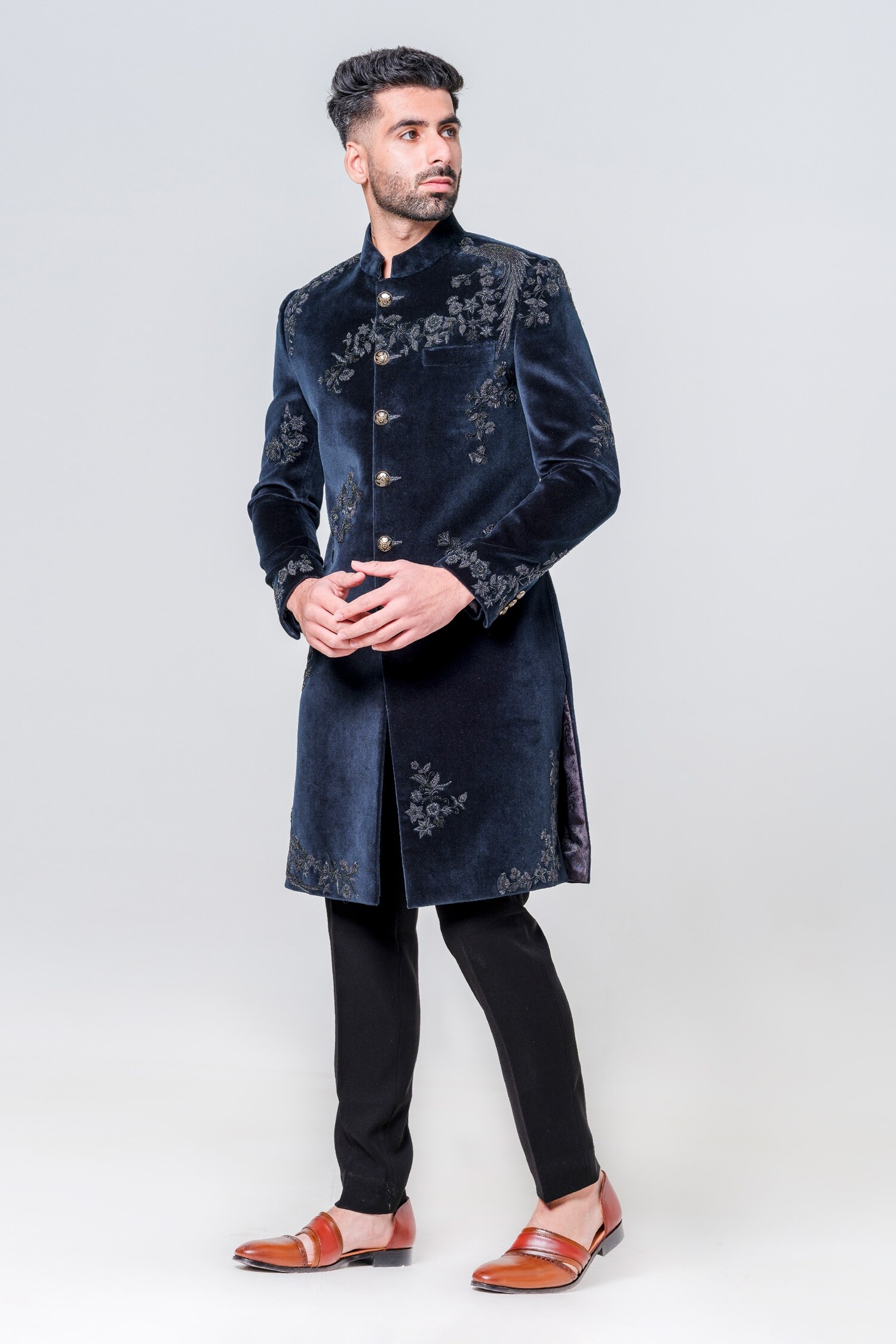 Buy Amrit Dawani Green Velvet Embellished Sherwani Set Online | Aza ...