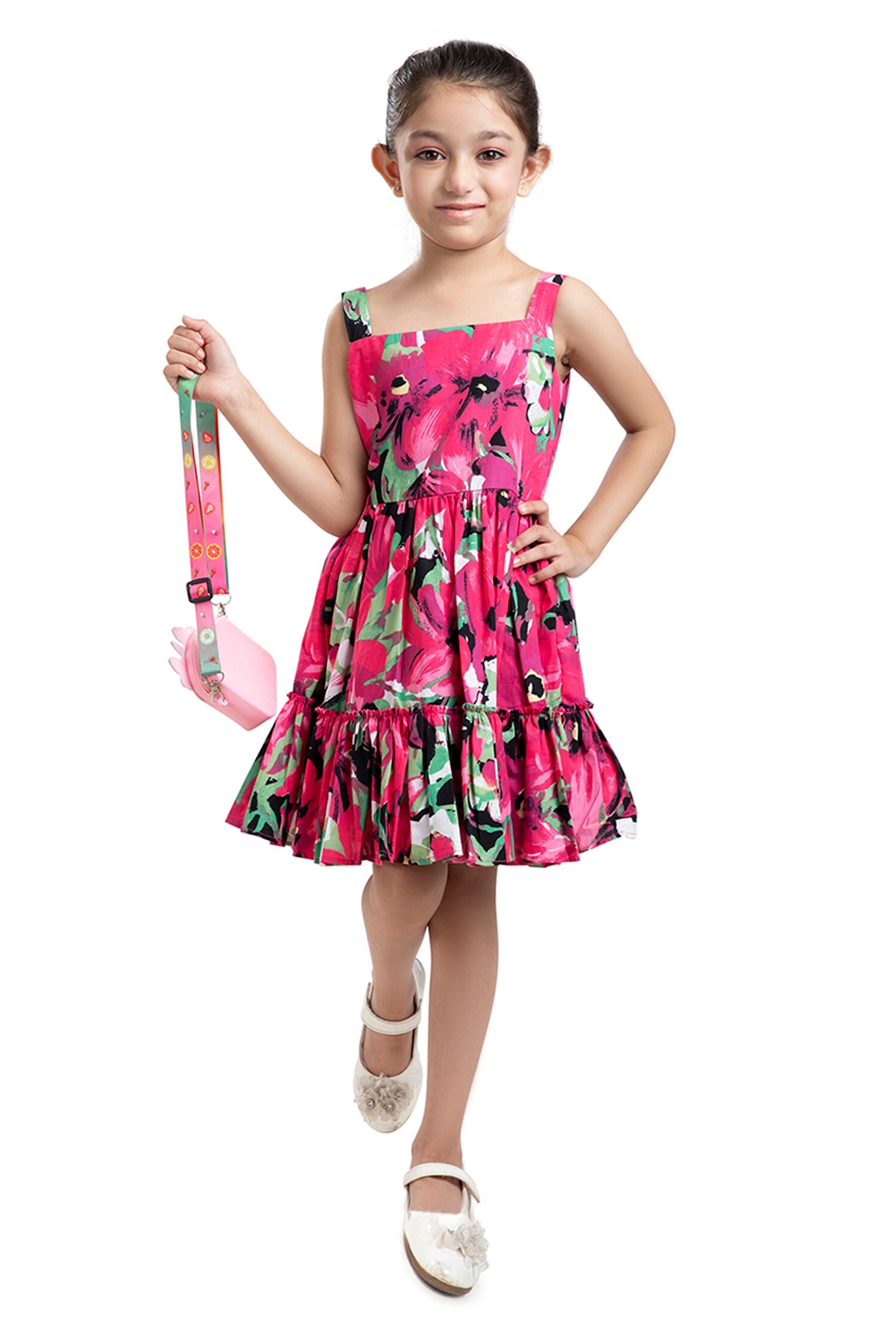 Buy Byb Premium Fuchsia Floral Print Tiered Dress For Girls Online | Aza Fashions
