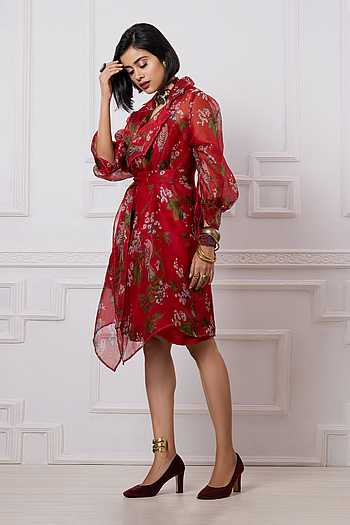 Buy Megha Garg Red Organza Floral Print Jacket And Dress Set Online ...