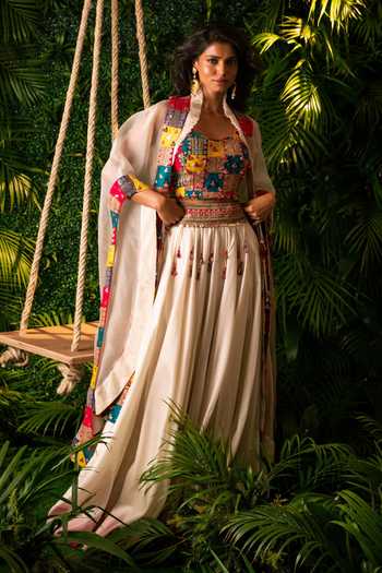 Buy Pallavi Poddar Ivory Chanderi Multi-patch Cape And Lehenga Set ...