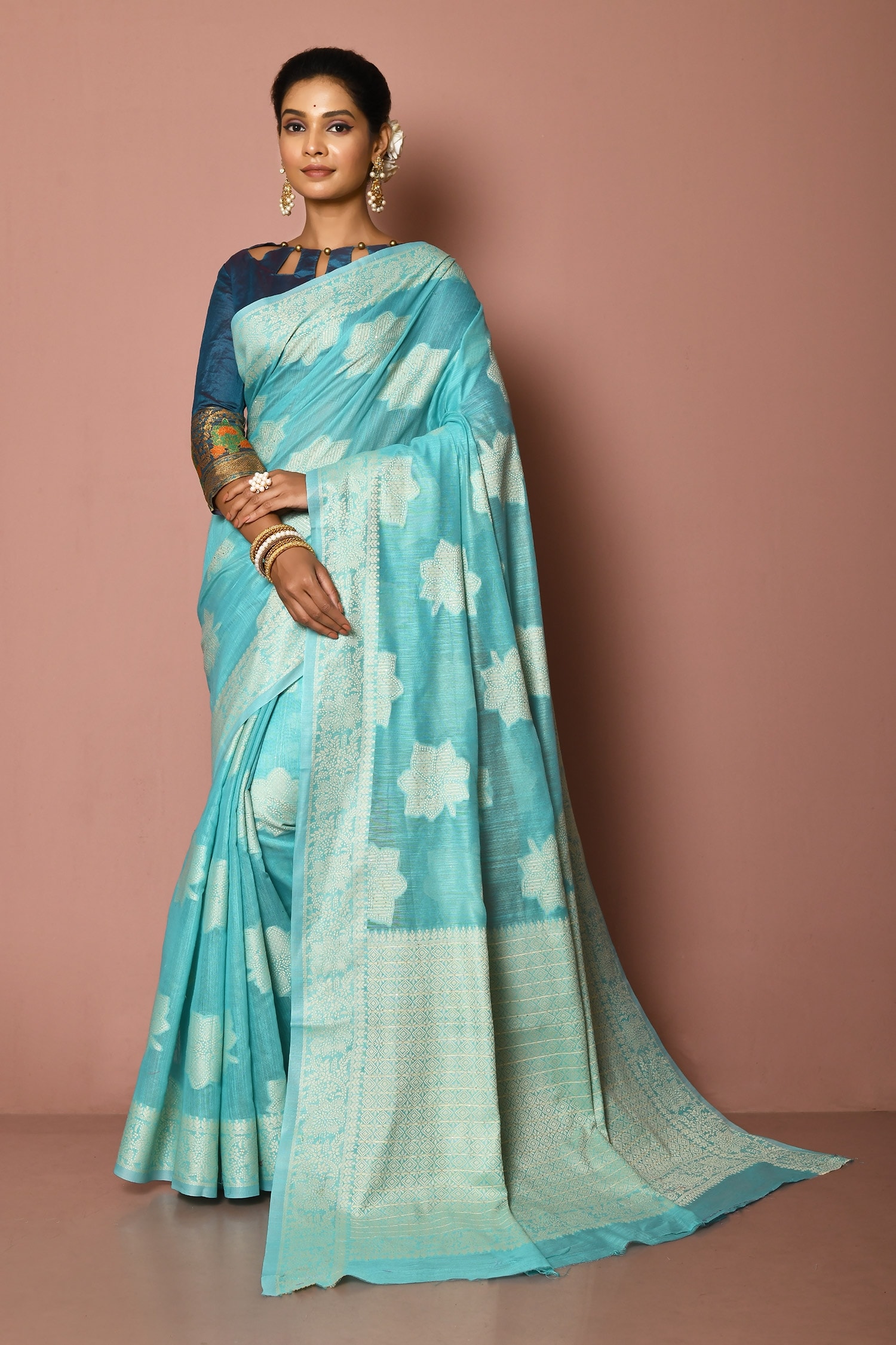 Buy Samyukta Singhania Sky Blue Lucknowi Weaves Floral Pattern Woven ...