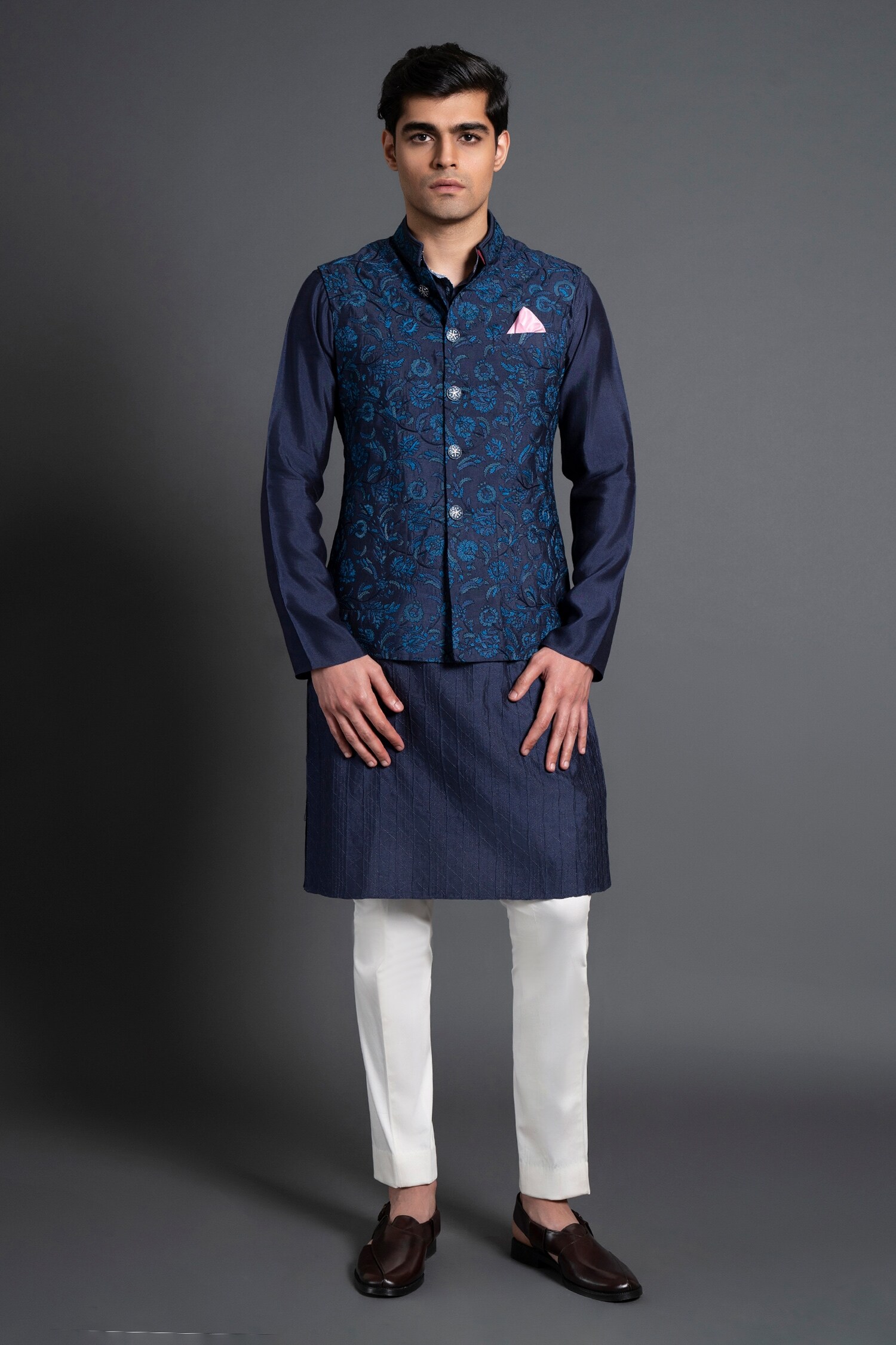 Buy Raghavendra Rathore Jodhpur Blue Silk Floral Embroidered Waistcoat ...