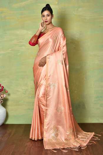 Buy Samyukta Singhania Coral Satin Silk Paisley Woven Saree Online ...
