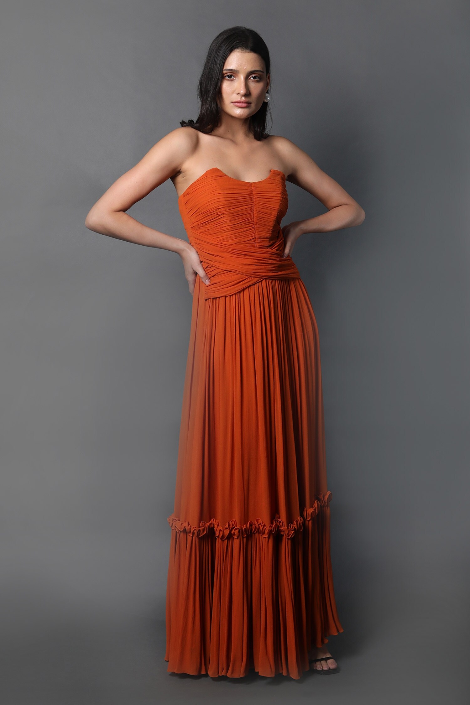 Buy Swatee Singh Orange Pleated Hem Corset Gown Online | Aza Fashions