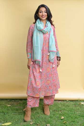 Buy Pants and Pajamas Pink Mio Cotton Block Print Kurta Pant Set Online ...