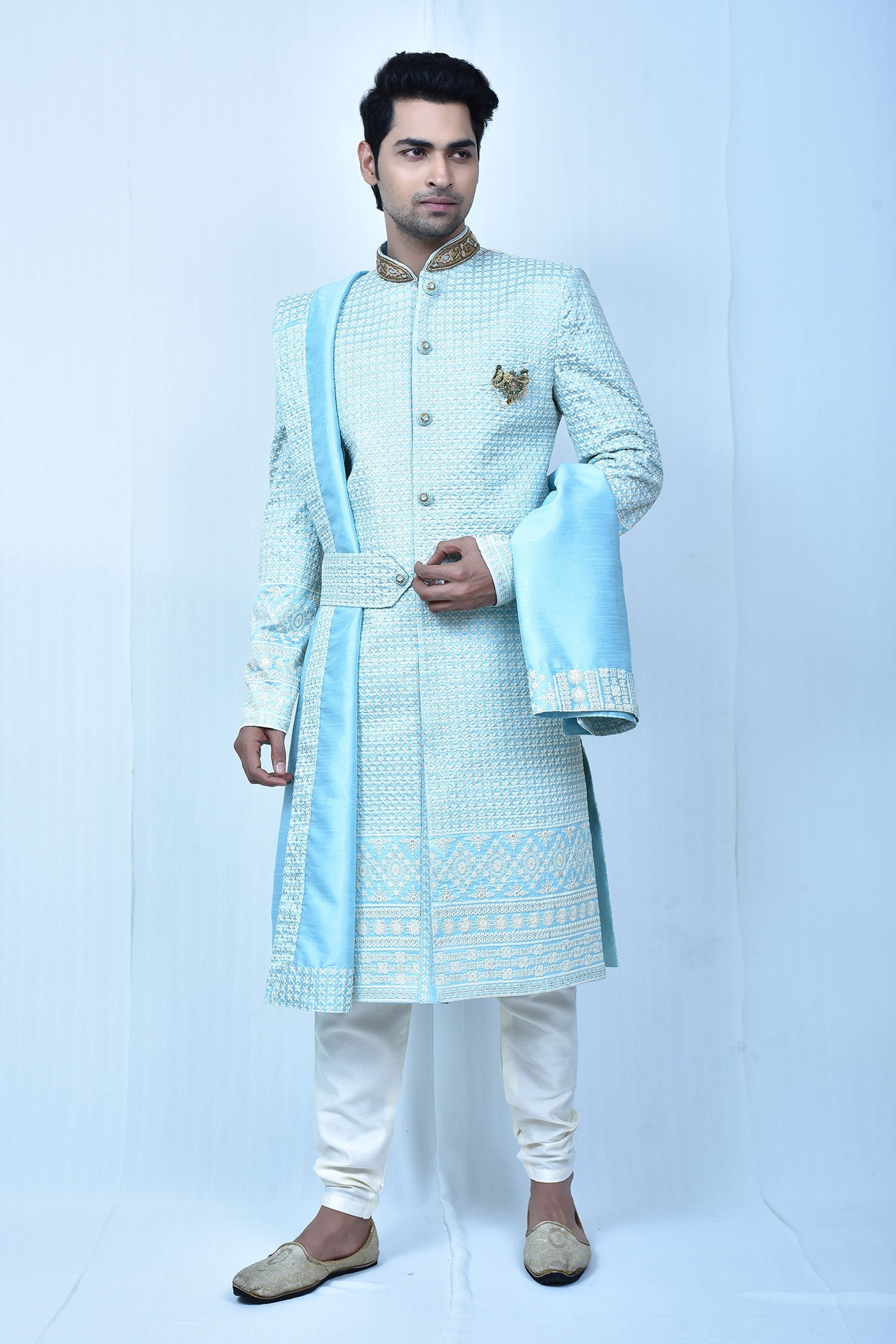 Buy Samyukta Singhania Blue Art Silk Floral Embroidered Sherwani Set ...