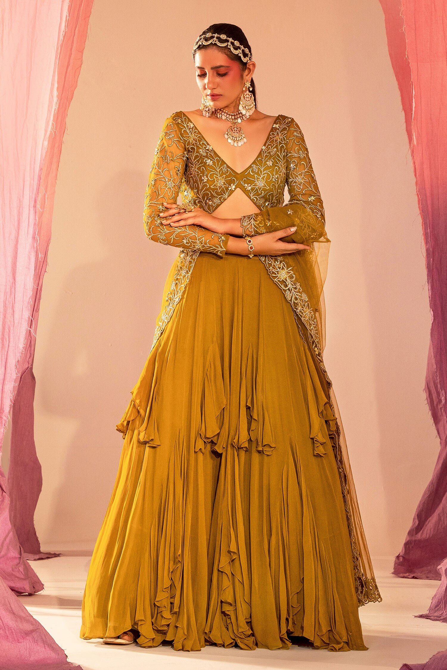 Buy Silky Bindra Green Soft Net Frilled Lehenga And Floral Embroidered ...