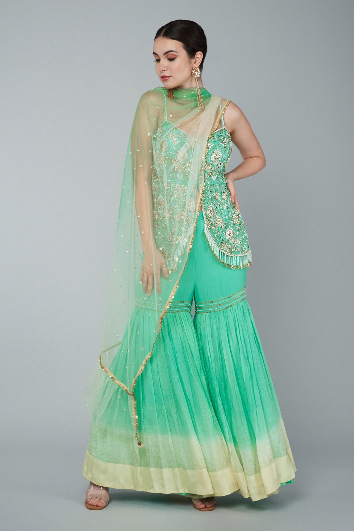 Buy Keith Gomes Green Georgette Bead Embroidered Tunic Gharara Set ...