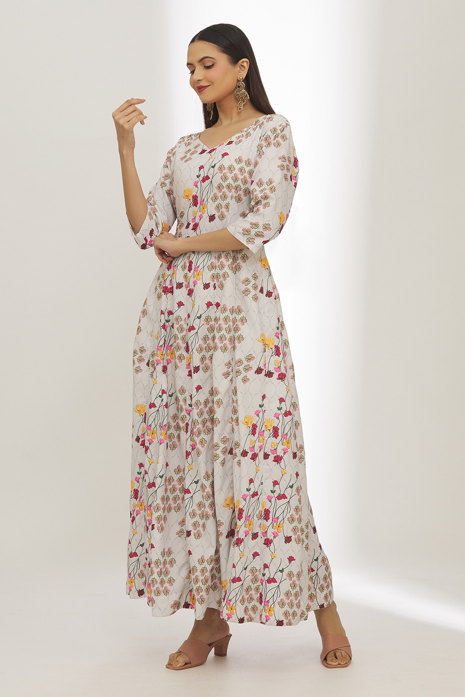 Buy Adara Khan Cream Muslin Floral Print Flared Tunic Online | Aza Fashions