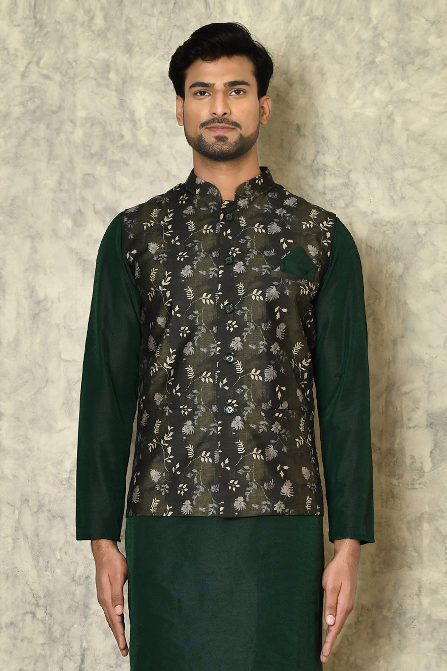Buy Naintara Bajaj Green Leaf Print Cotton Nehru Jacket Online | Aza ...