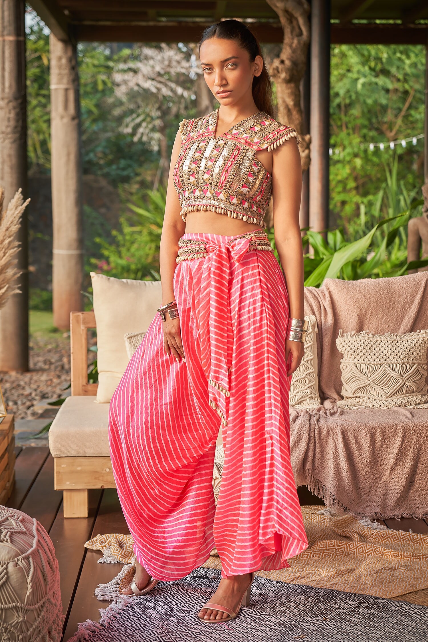 Buy Surily G Pink Silk Leheriya Print Goa Pant Online | Aza Fashions