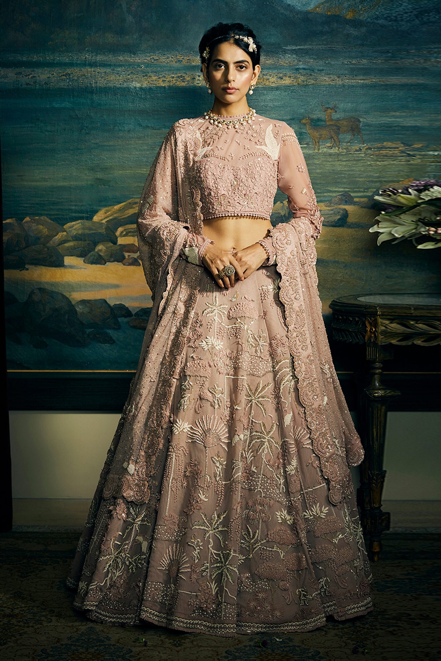 Buy Sahil Kochhar Pink Silk Organza Nelofar Flower And Palm Tree ...