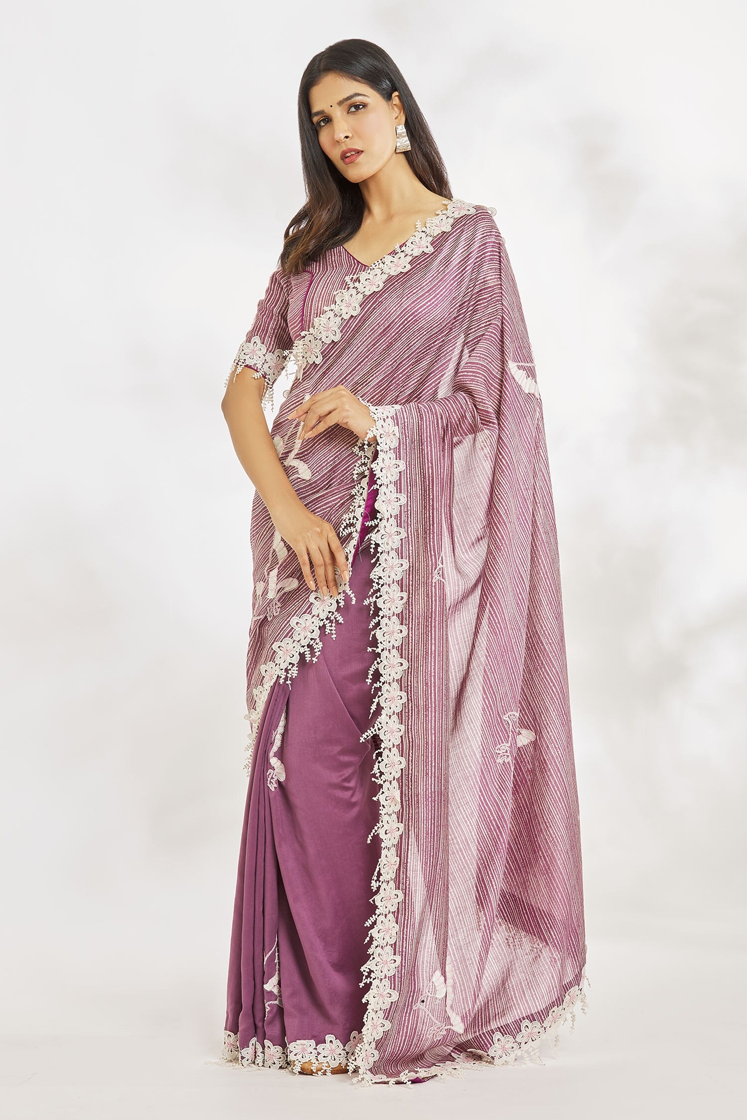 Buy Paksh Purple Chanderi Silk Striped Print And Hand Embroidered Saree ...