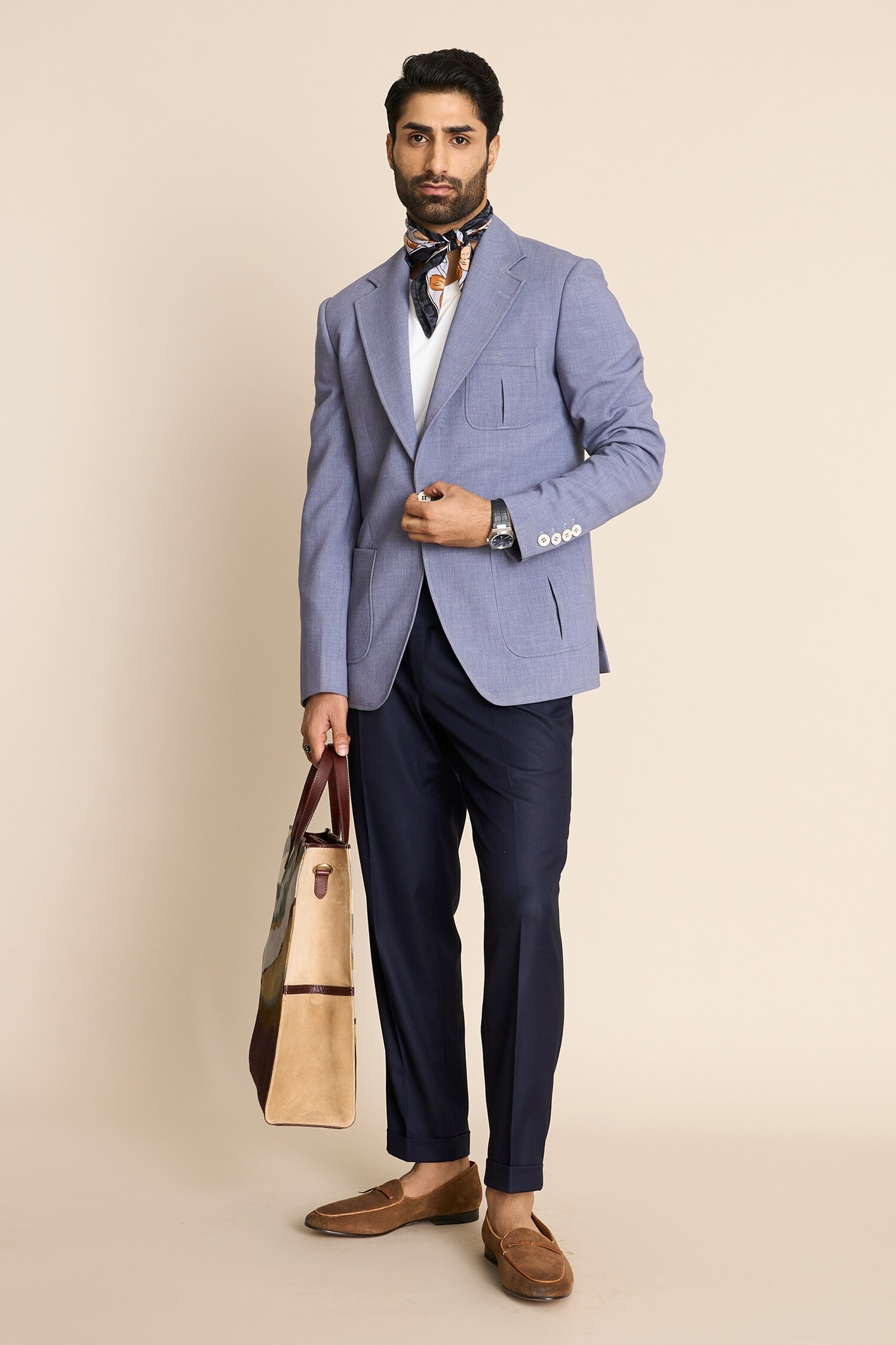 Buy Gargee Designers Blue Poly Viscose Knit Pleated Patch Pocket Single ...