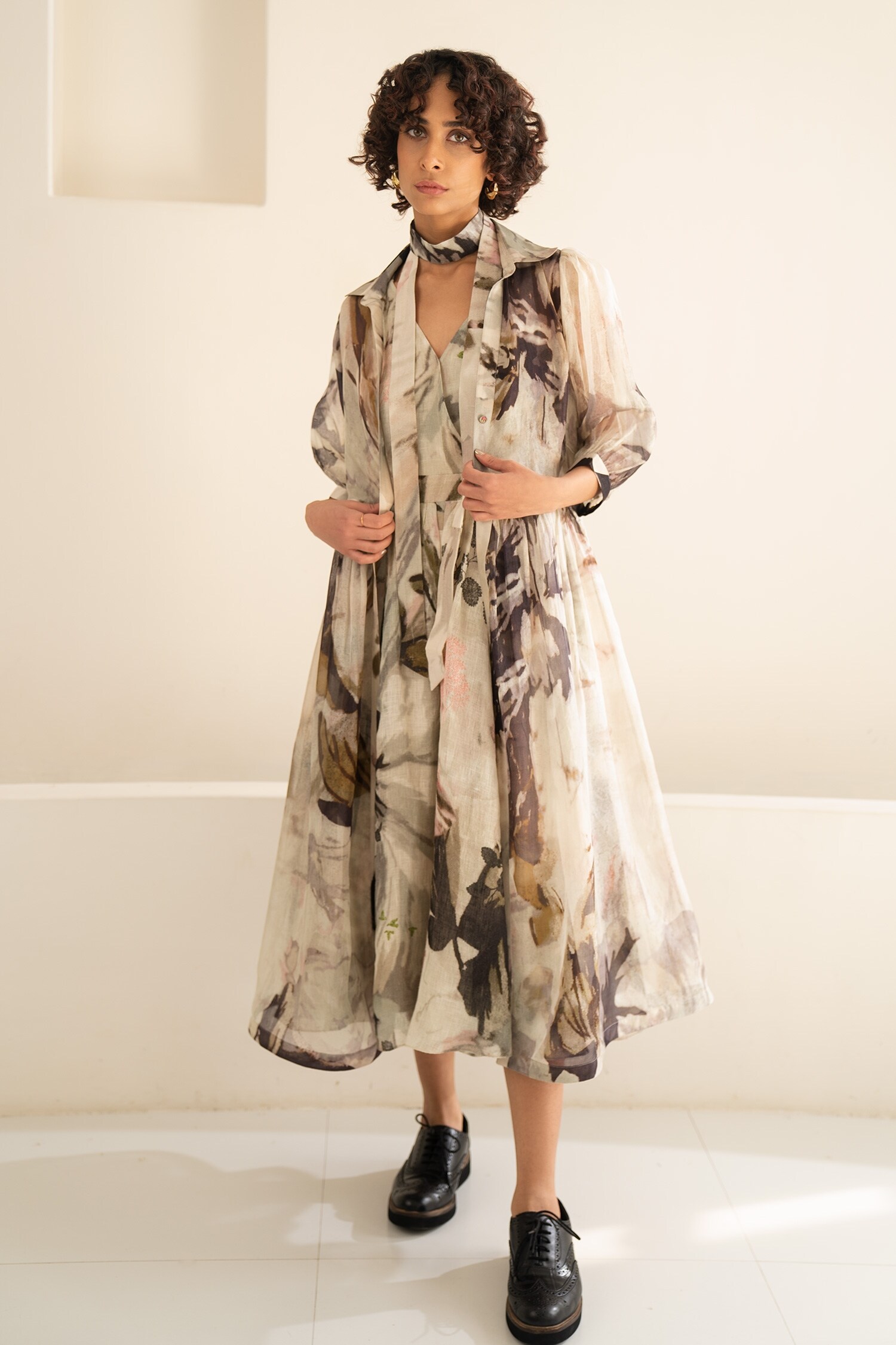 Buy Arcvsh by Pallavi Singh Grey Organza Scattered Floral Print Jacket With Dress Online | Aza ...