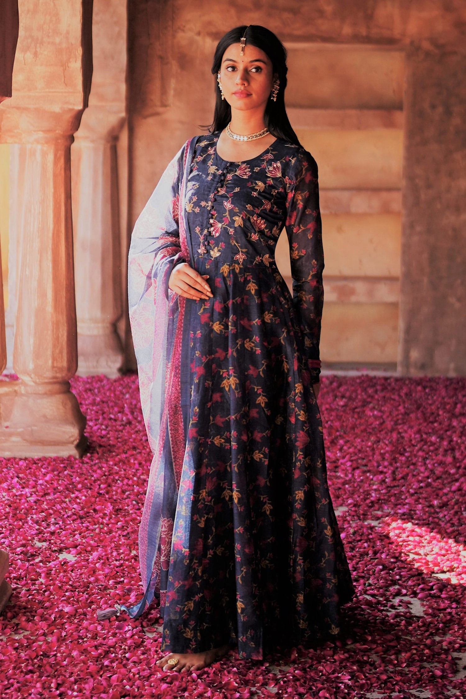 Buy KARAJ JAIPUR Blue Chanderi Floral Pattern Anarkali Set Online | Aza ...