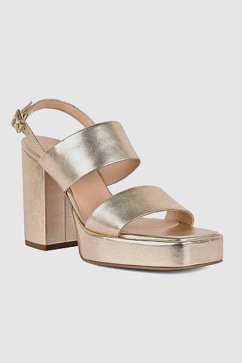 Buy Vanilla Moon Gold Leather Floral Solid Block Heels Online | Aza ...