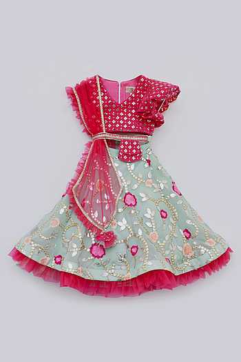 Buy FAYON KIDS Green Embroidered Lehenga Set For Girls Online | Aza ...