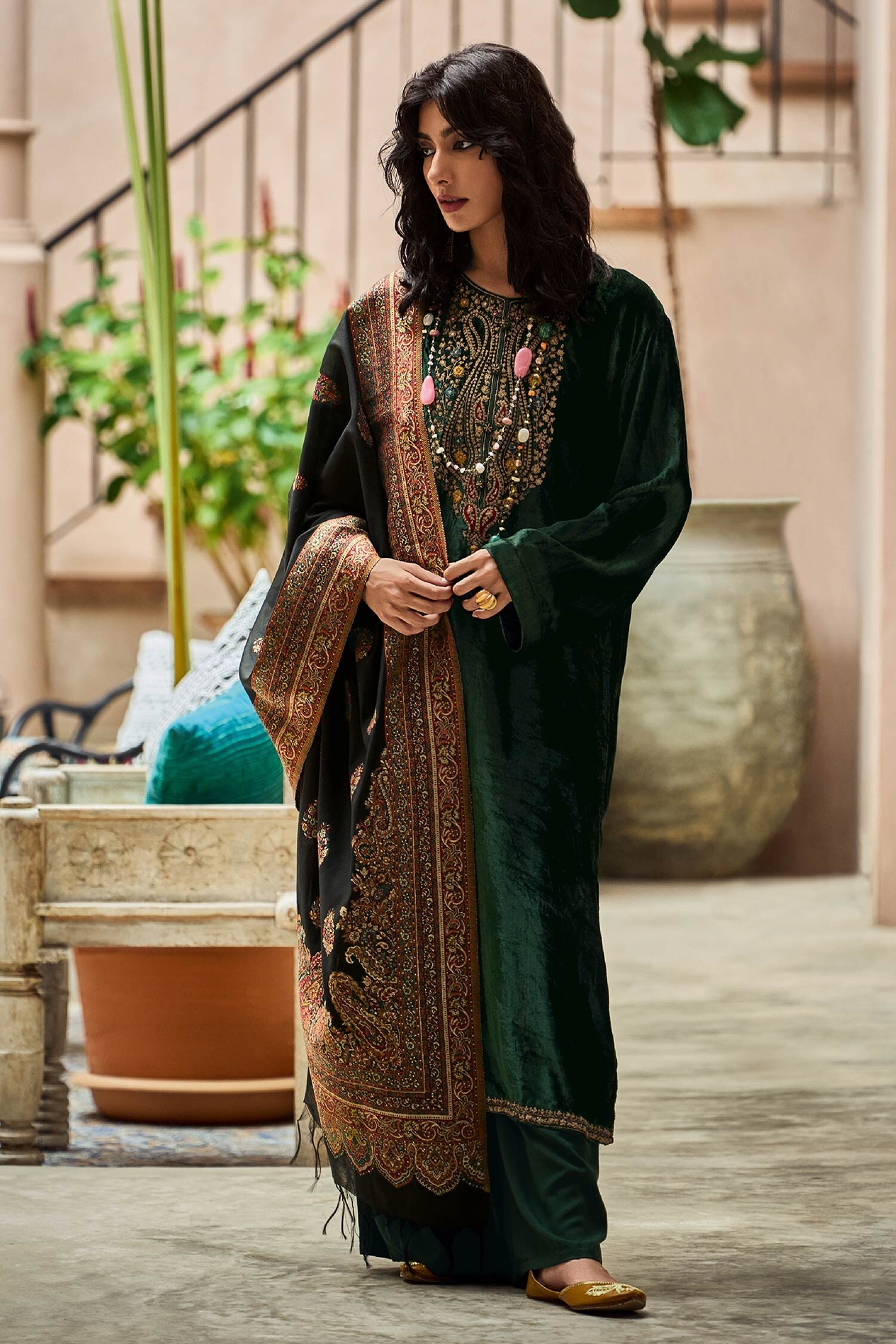 Buy Label Varsha Green Velvet Embroidered Bodice Kurta Set Online | Aza ...
