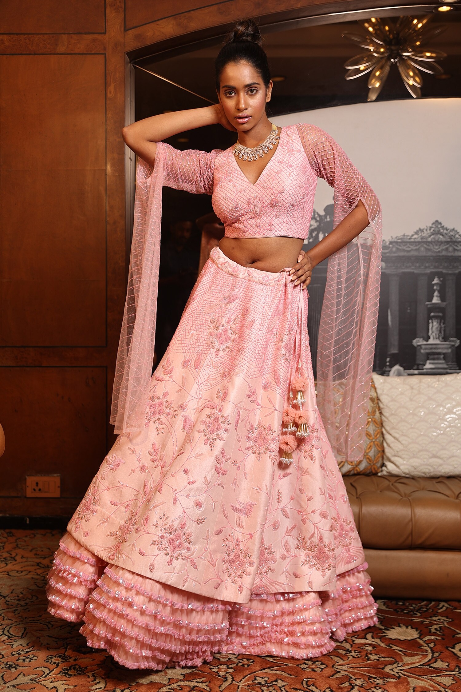 Buy MOHA Atelier Pink Pure Silk Tiered Embroidered Lehenga And Blouse ...