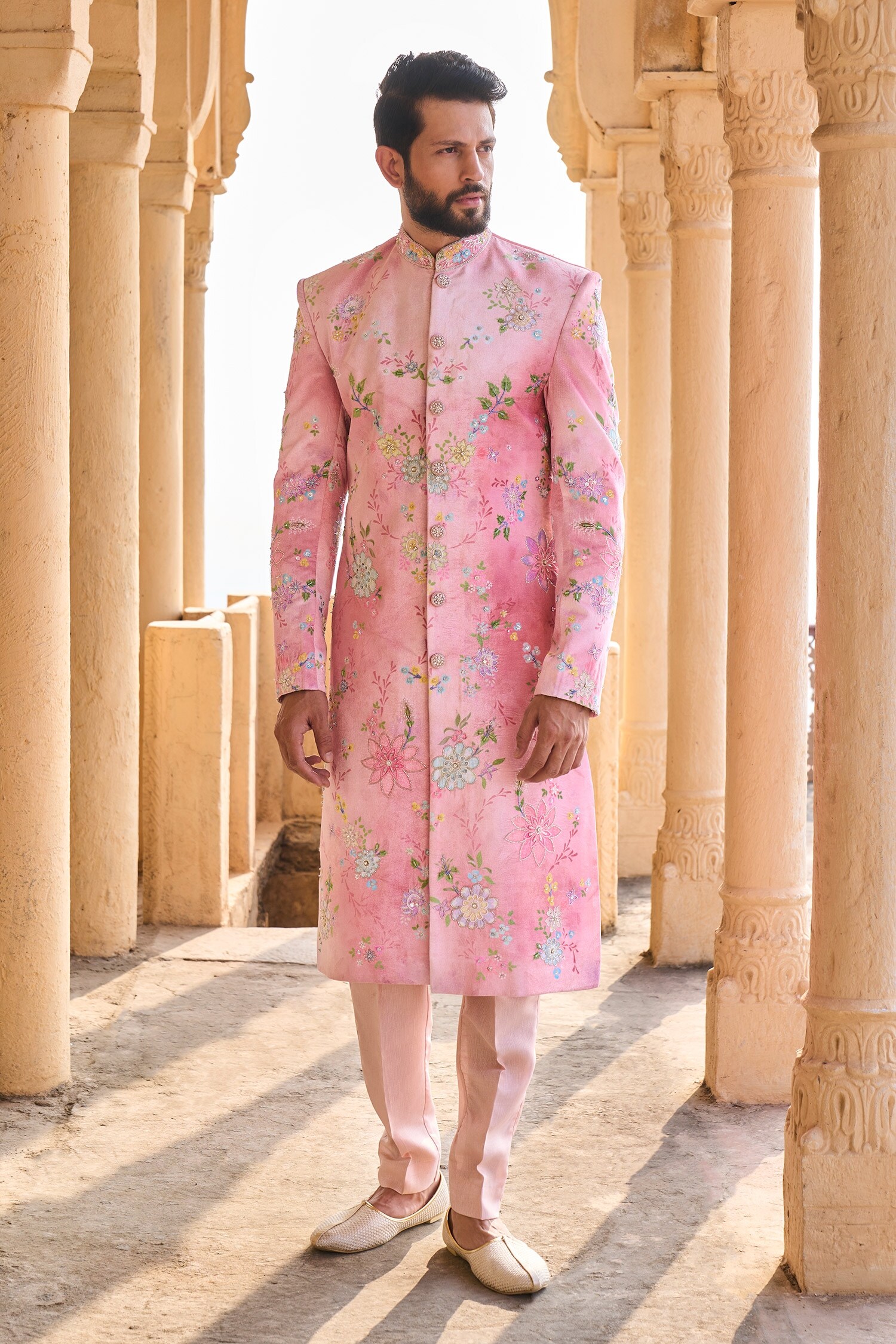 Buy Lashkaraa Peach Velvet Printed Sherwani Set Online | Aza Fashions