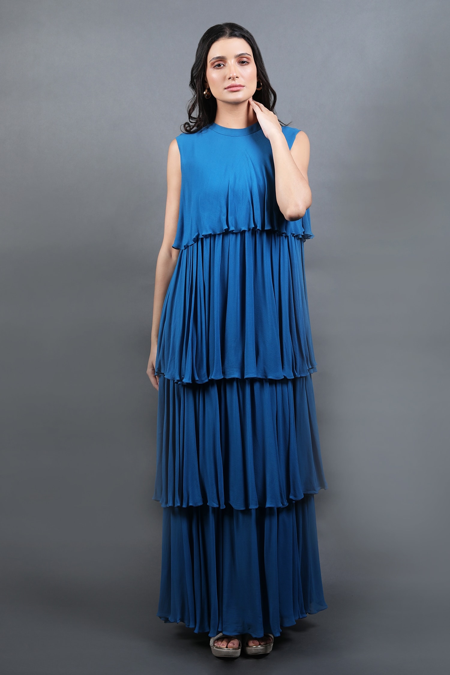 Buy Swatee Singh Blue Georgette Pleated And Tiered Maxi Dress Online ...