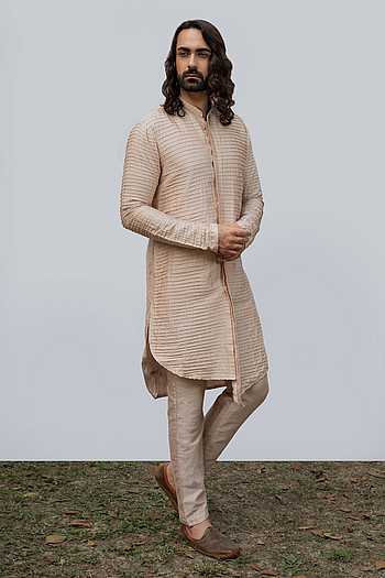 Buy Kaka Menswear Pink Asymmetric Hem Kurta Set Online | Aza Fashions