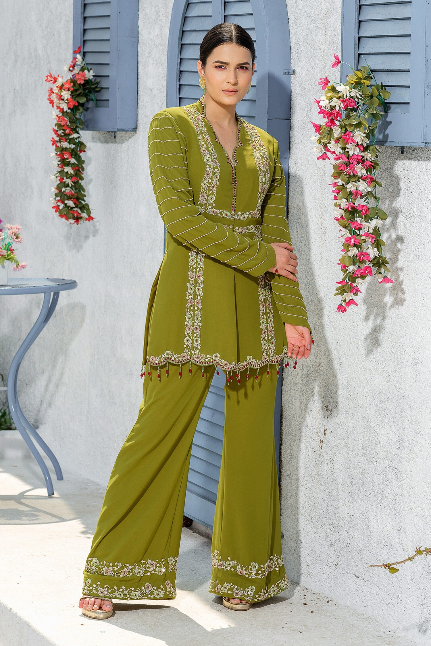 Buy Tamaraa By Tahani Green Georgette Embroidered Jacket Kurta And Pant ...