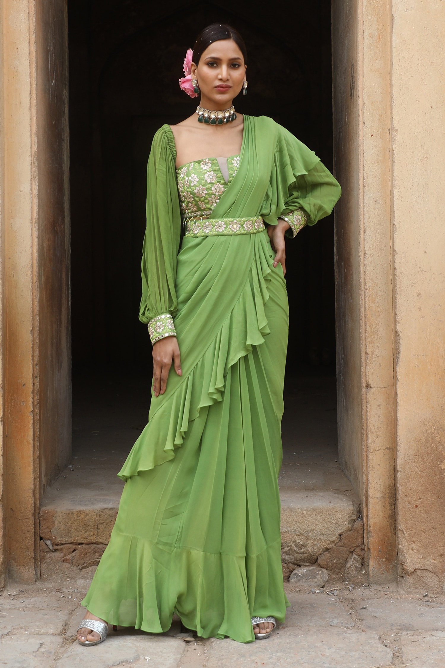 Buy Nitisha Kashyap Official Green Uppada Silk Pre-draped Ruffle Saree ...
