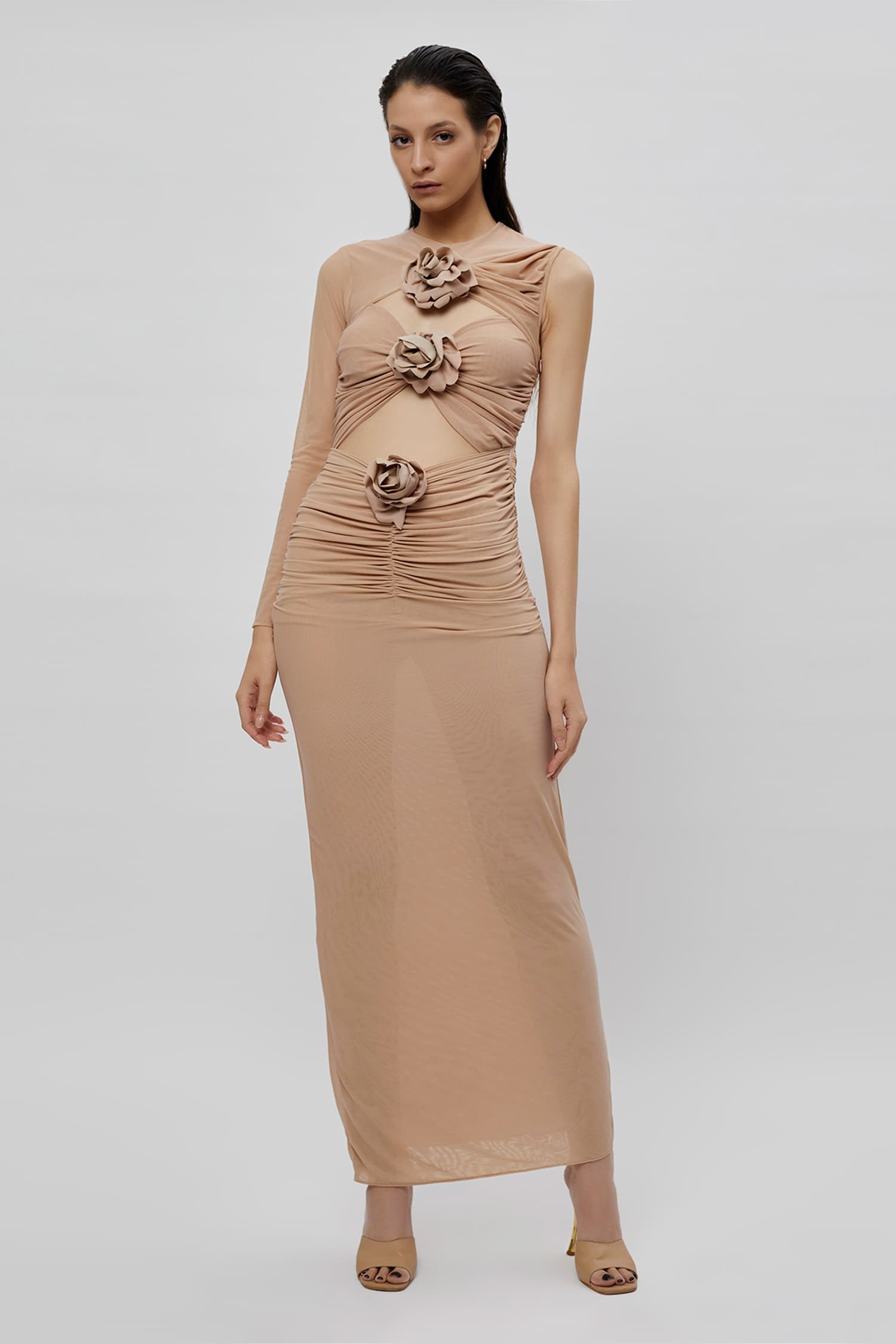 Buy Deme by Gabriella Beige Net Bodycon Front Cutout Gown Online | Aza ...