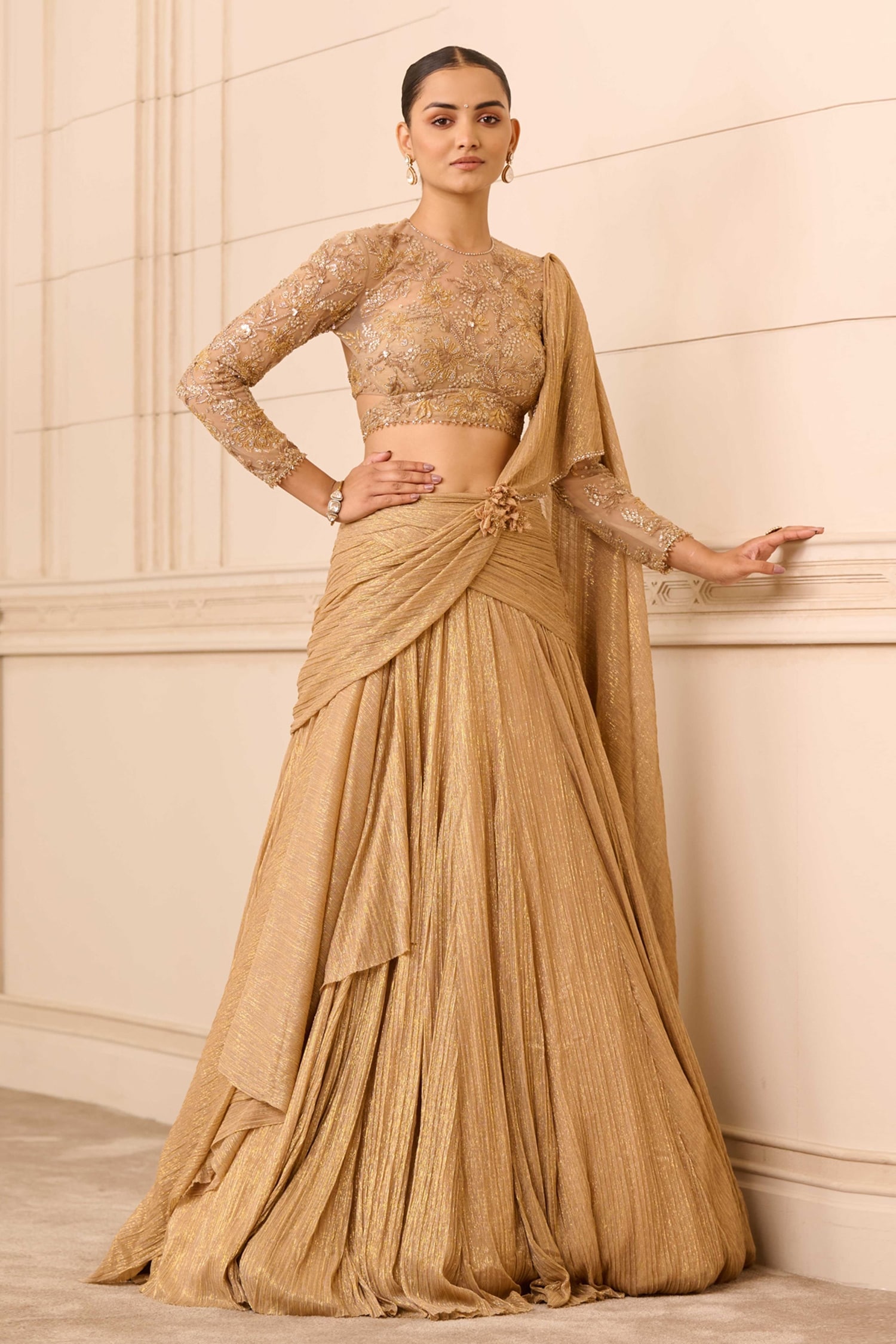 Buy Tarun Tahiliani Gold Draped Lehenga With Embroidered Blouse Online ...