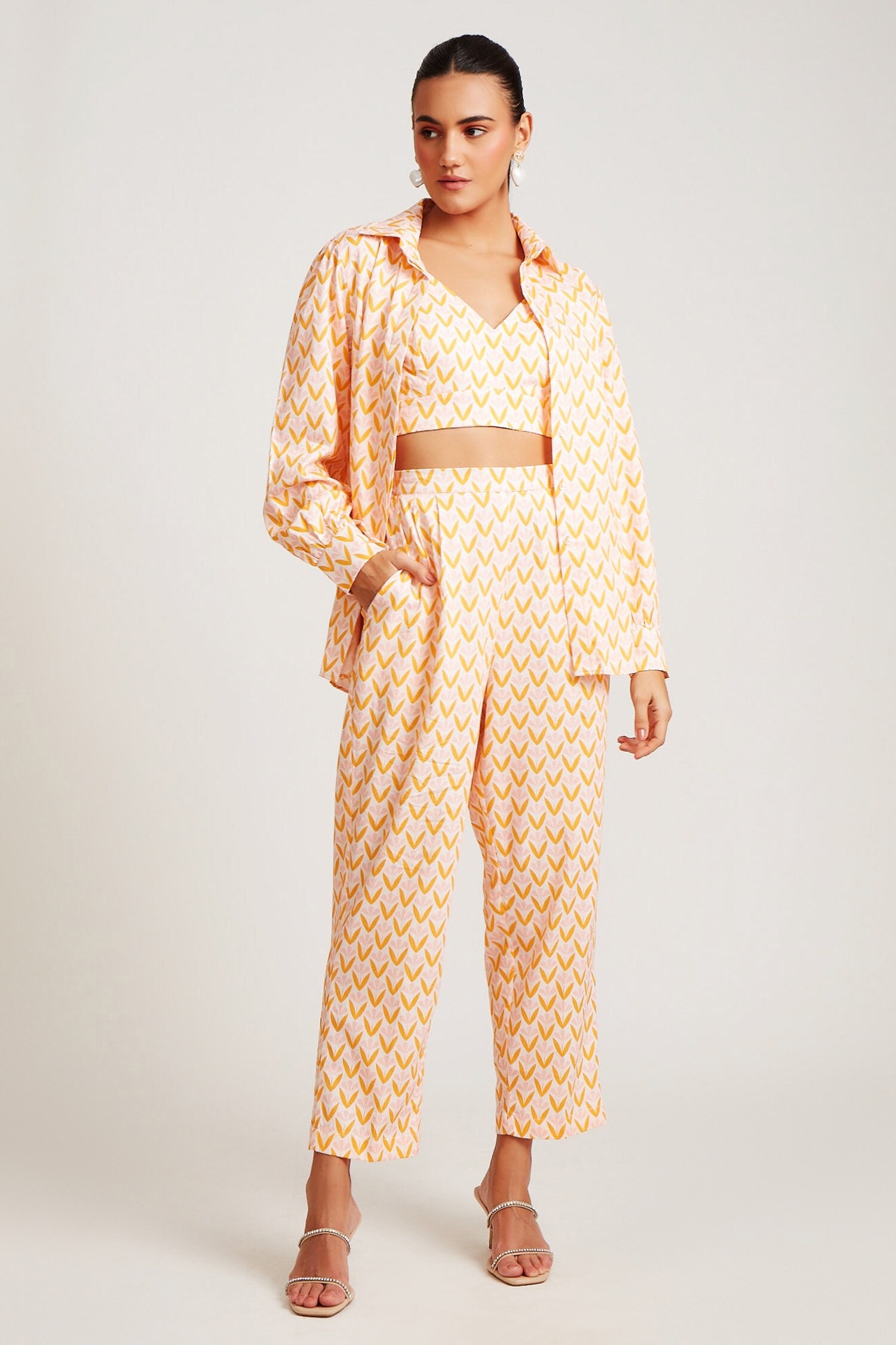 Buy Sorbae Yellow Chanderi Handloom Floral Print Shirt And Pant Set ...