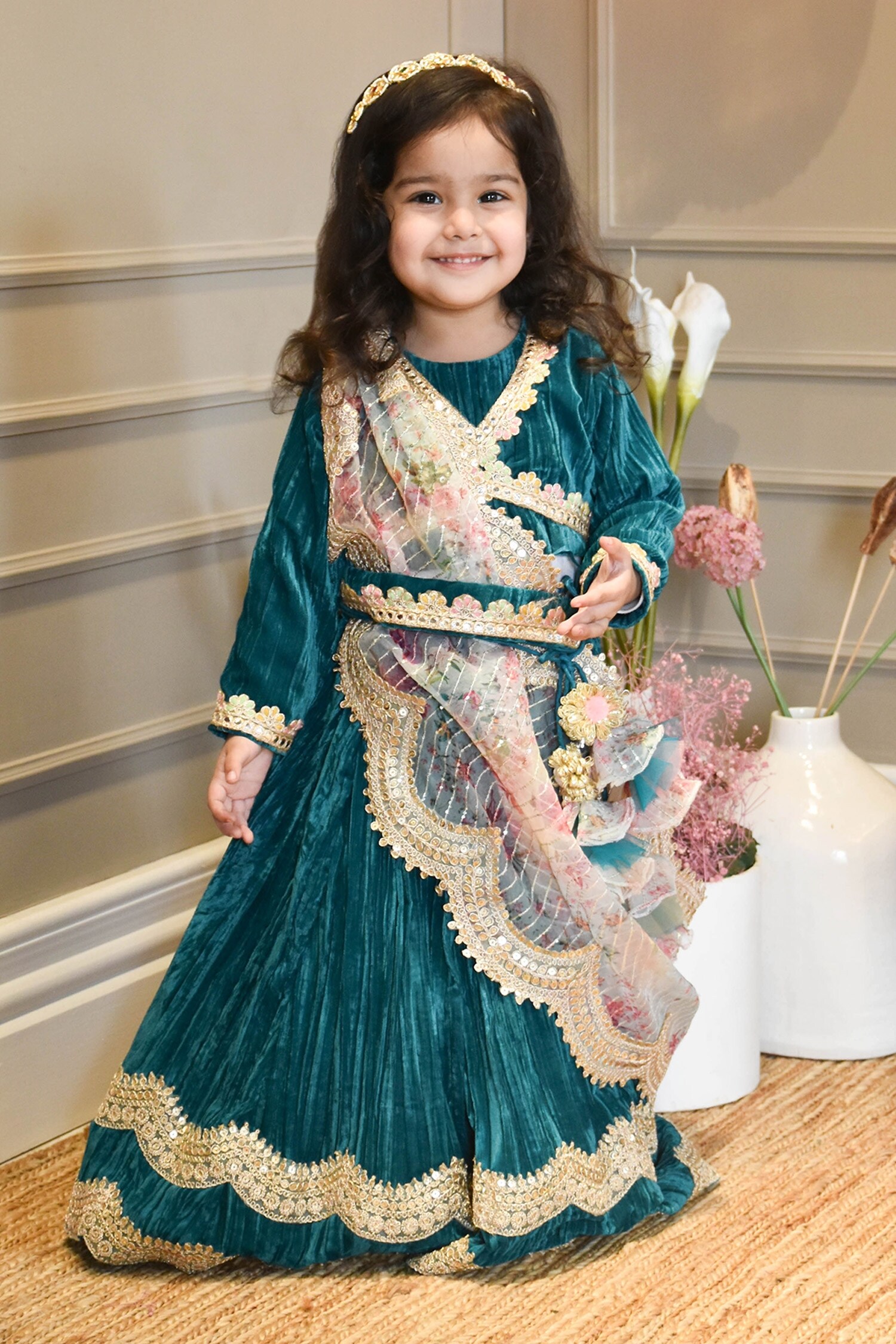 Buy FAYON KIDS Green Crinkled Velvet Lehenga Set For Girls Online | Aza ...