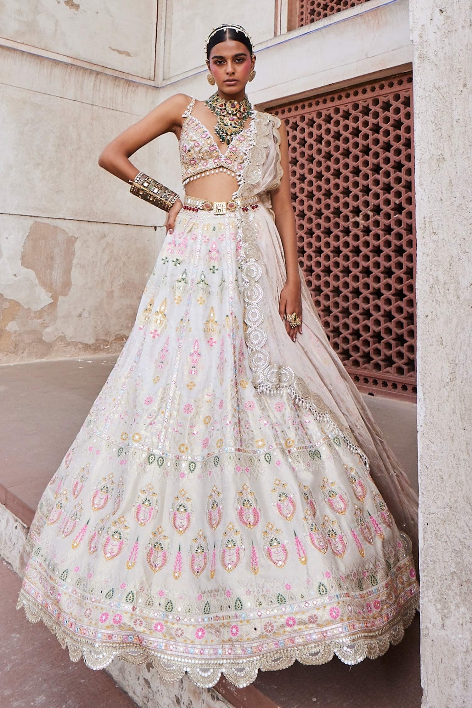 Buy Aditi Gupta Ivory Woven Banarasi Chanderi Lehenga Set Online | Aza ...