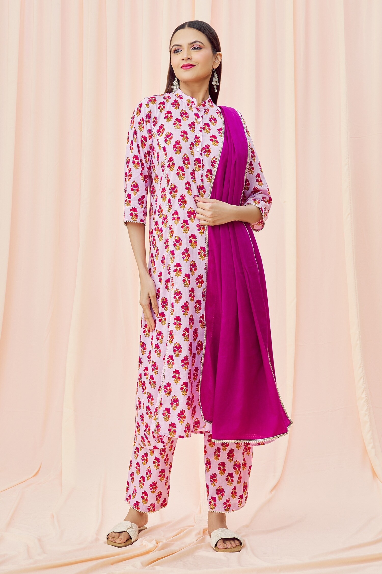 Buy Samyukta Singhania Pink Cotton Floral Print Princess-cut A-line ...