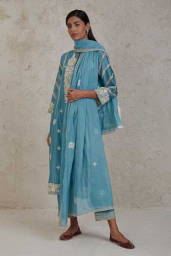 Buy Sue Mue Blue Umaiza Handwoven Chanderi Kurta Pant Set Online | Aza ...