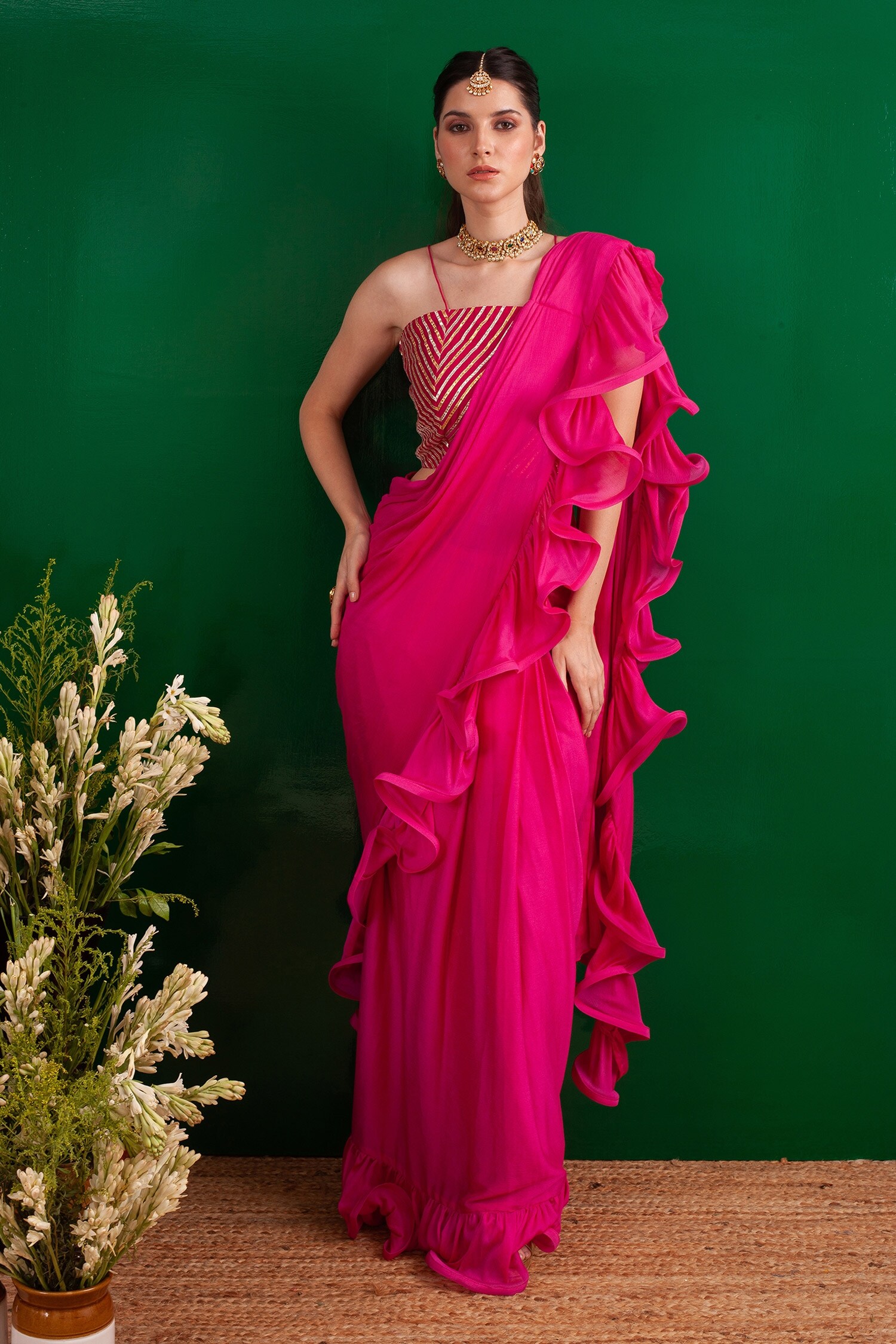 Buy Palak & Mehak Pink Chinnon Solid Pre-draped Saree Set Online | Aza ...