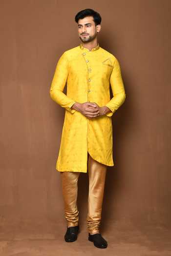 Buy Naintara Bajaj Yellow Asymmetric Overlap Panel Sherwani With ...
