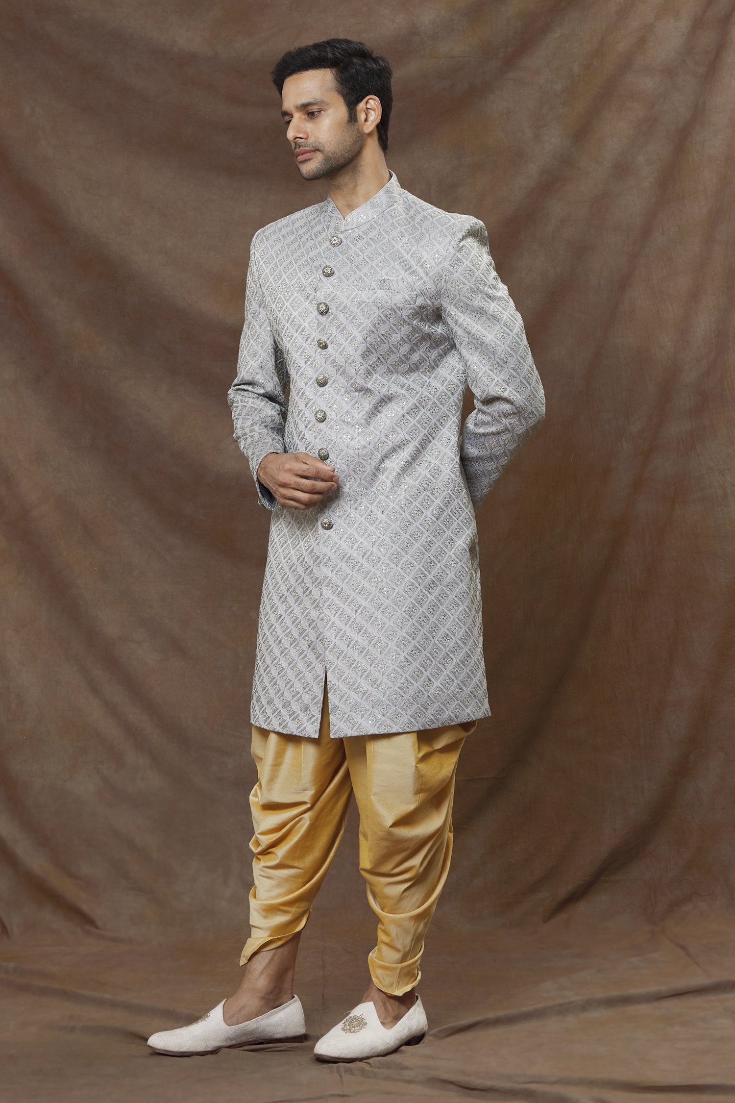 Buy Arihant Rai Sinha Grey Silk Embroidered Sherwani Cowl Pant Set ...