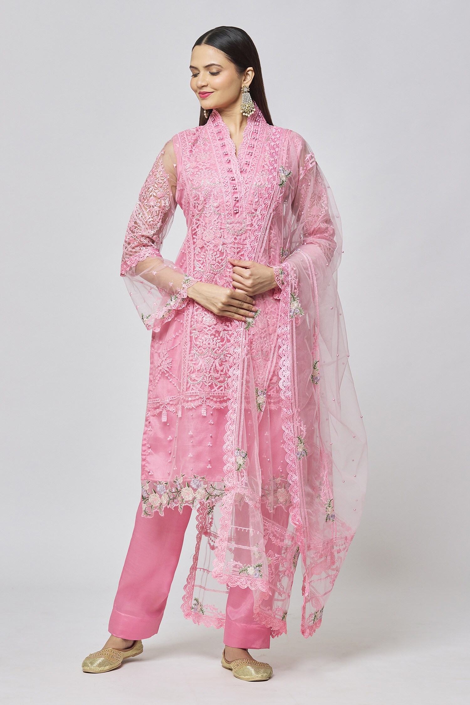 Buy Naintara Bajaj Pink All Over Flower Bouquet Embroidered Kurta Set ...