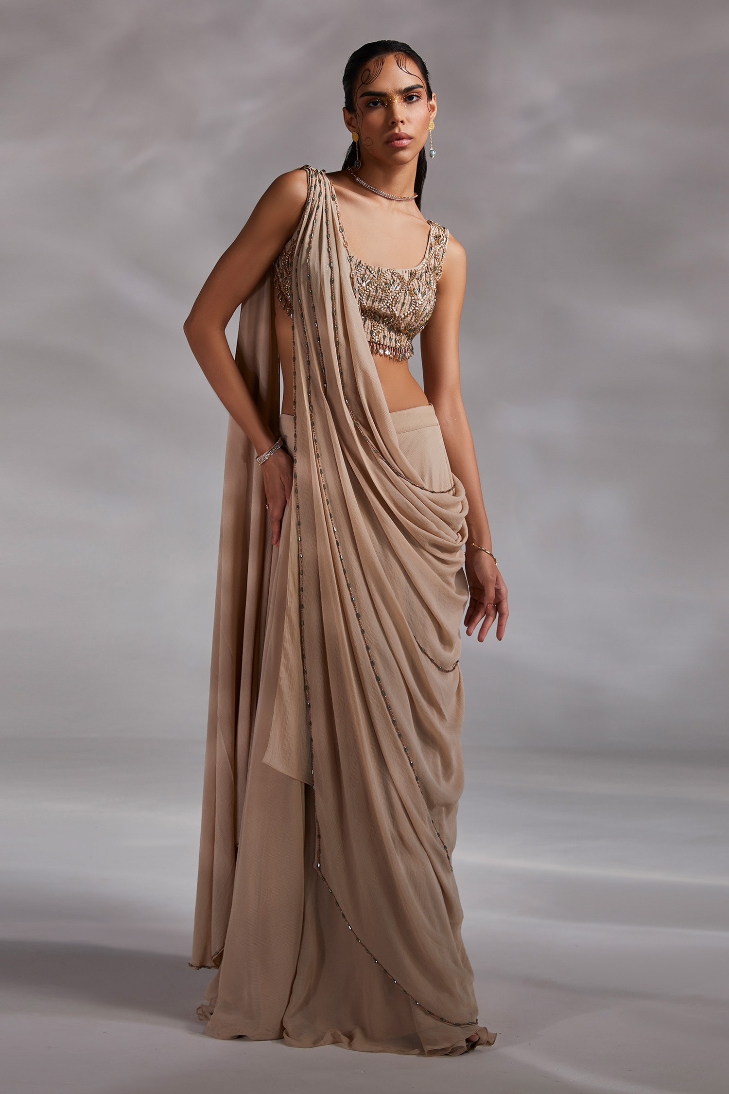 Buy Divya Aggarwal Beige Silk Chiffon Taylen Pre-draped Saree With ...
