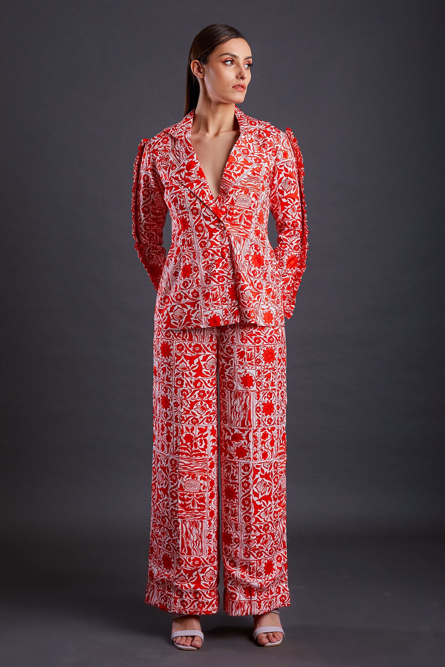 Buy Fuga Red Glazed Cotton Raspberry Floral Pattern Power Pant Suit Set ...