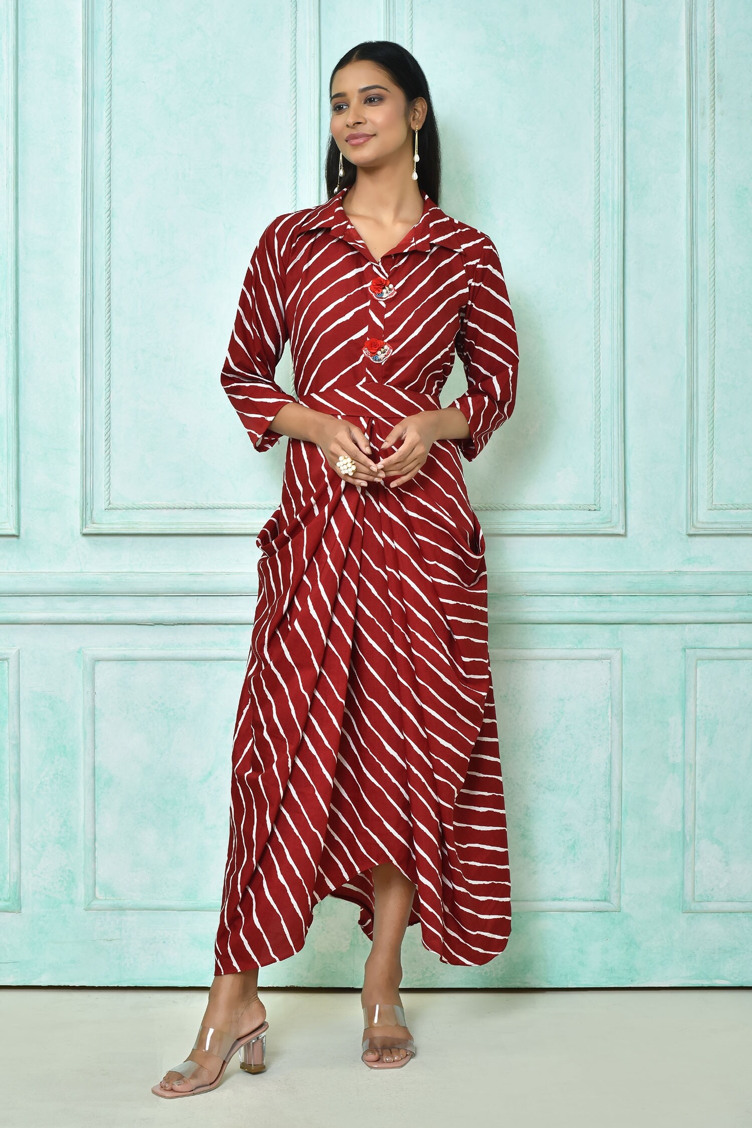 Buy Samyukta Singhania Maroon Cotton Leheriya Pattern Dress Online ...