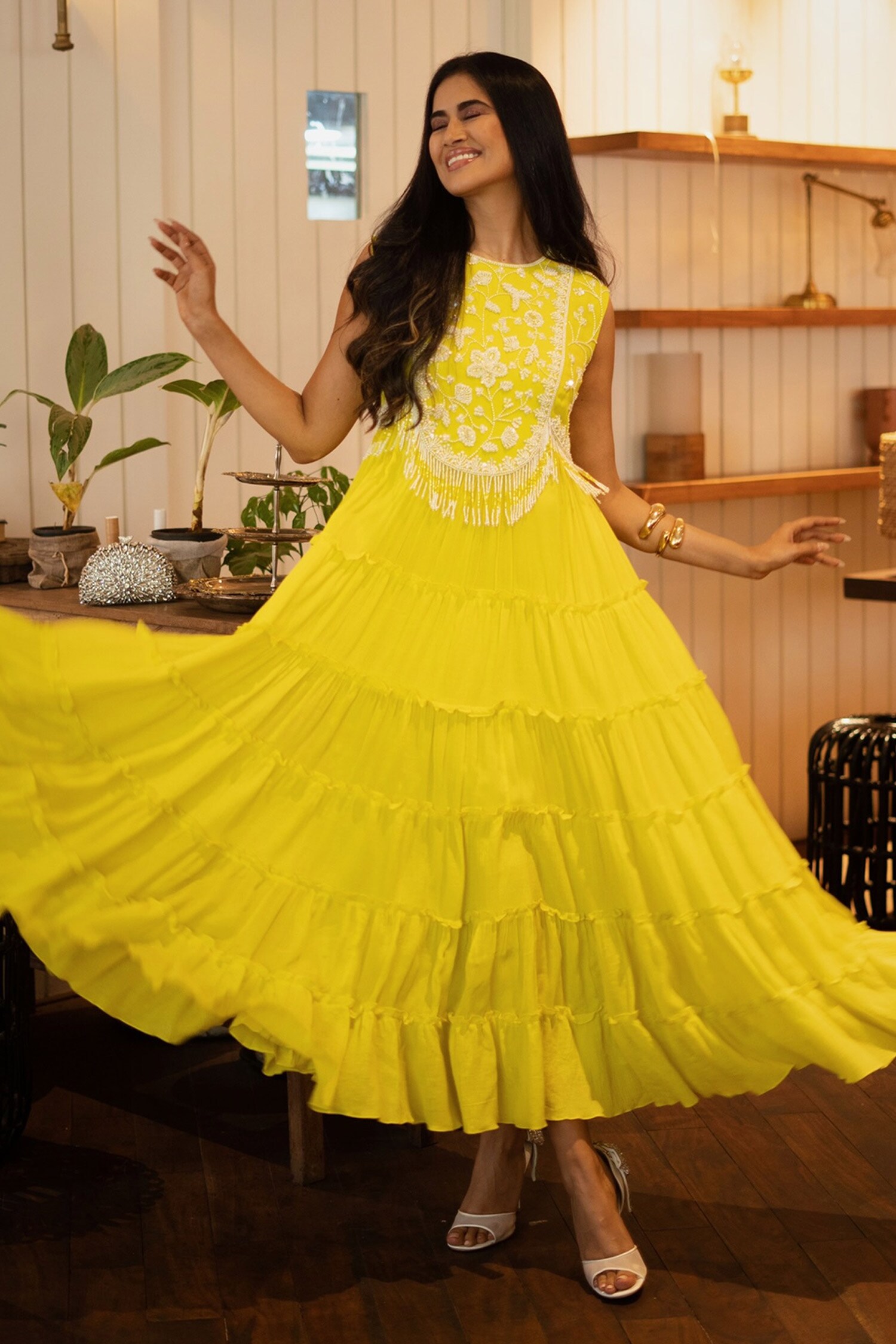 Buy Keith Gomes Yellow Georgette Embroidered Yoke Tiered Dress Online ...