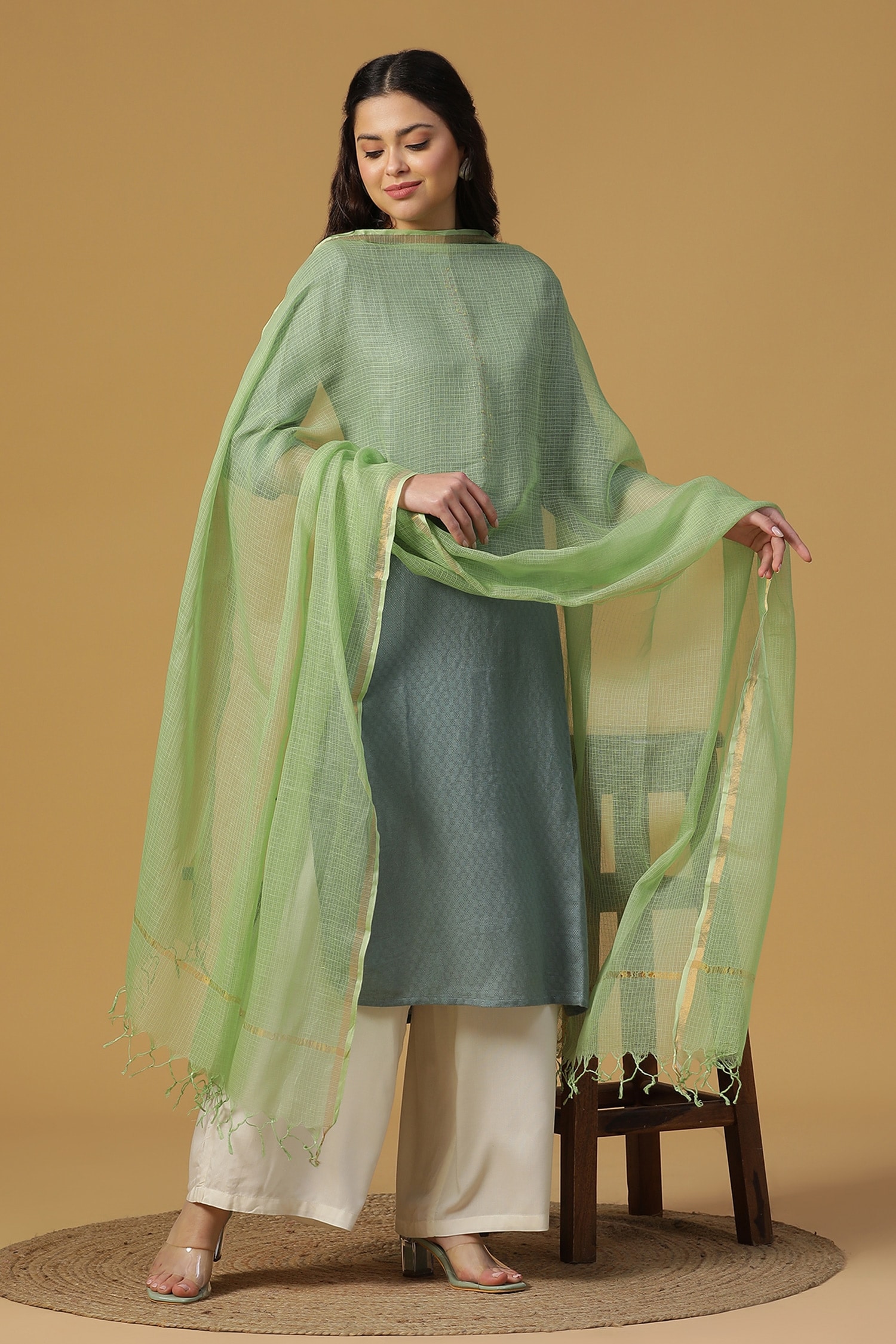 Buy Shingora Green Cotton Silk Sheer Woven Dupatta Online | Aza Fashions