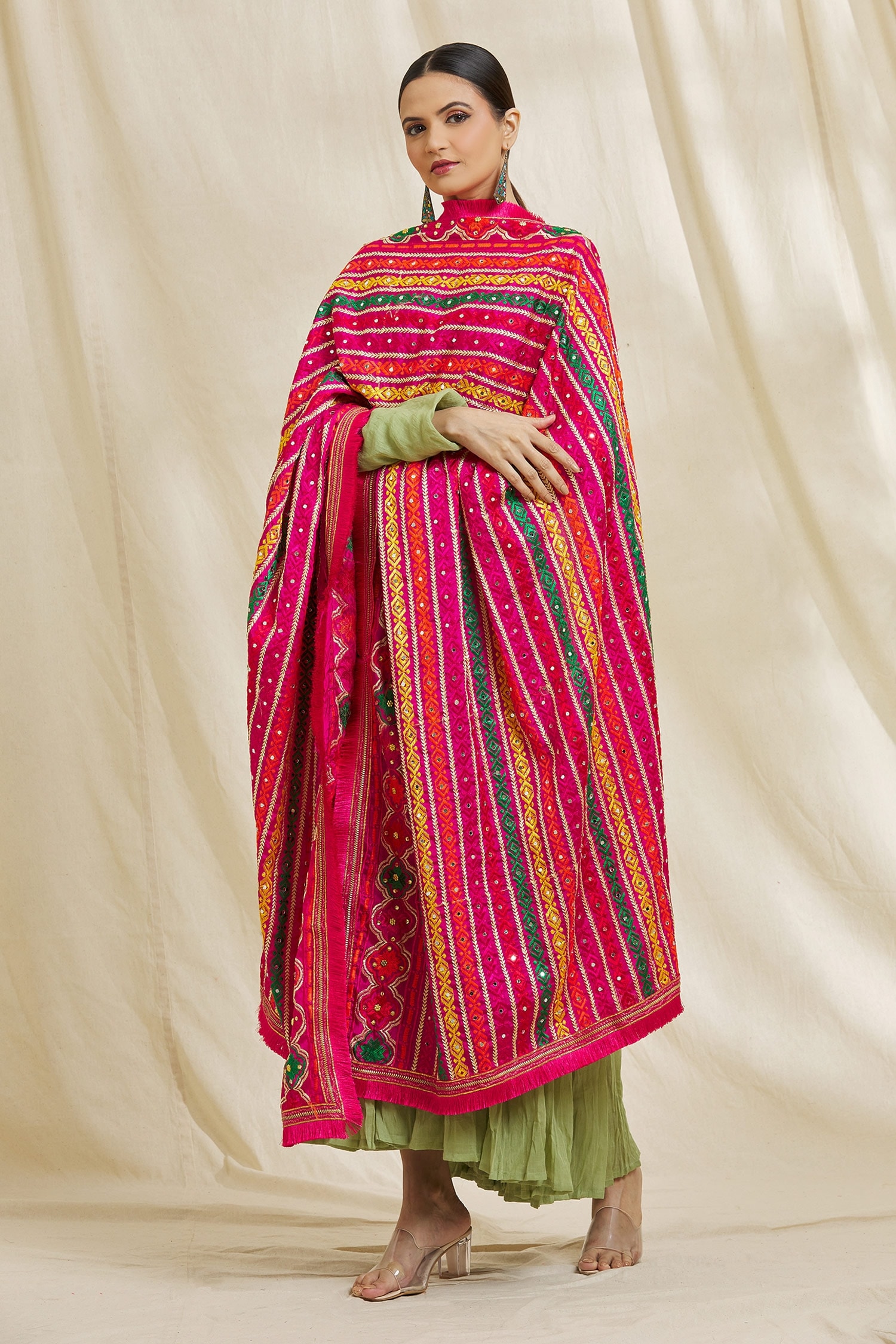 Buy Adara Khan Pink Satin Silk Geometric Phulkari Work Dupatta Online ...