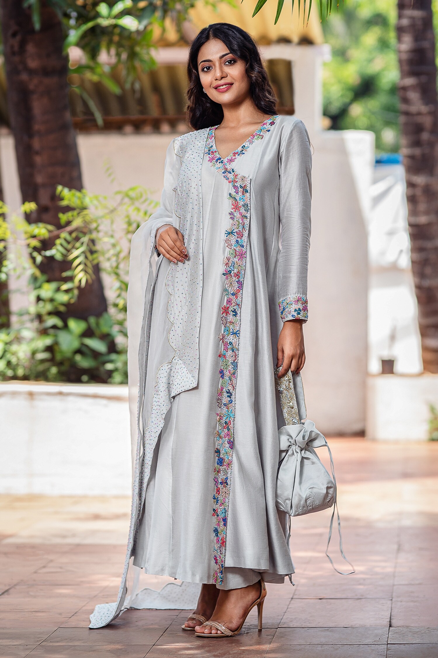 Buy The Aarya Grey Handwoven Chanderi Angarkha Set Online | Aza Fashions