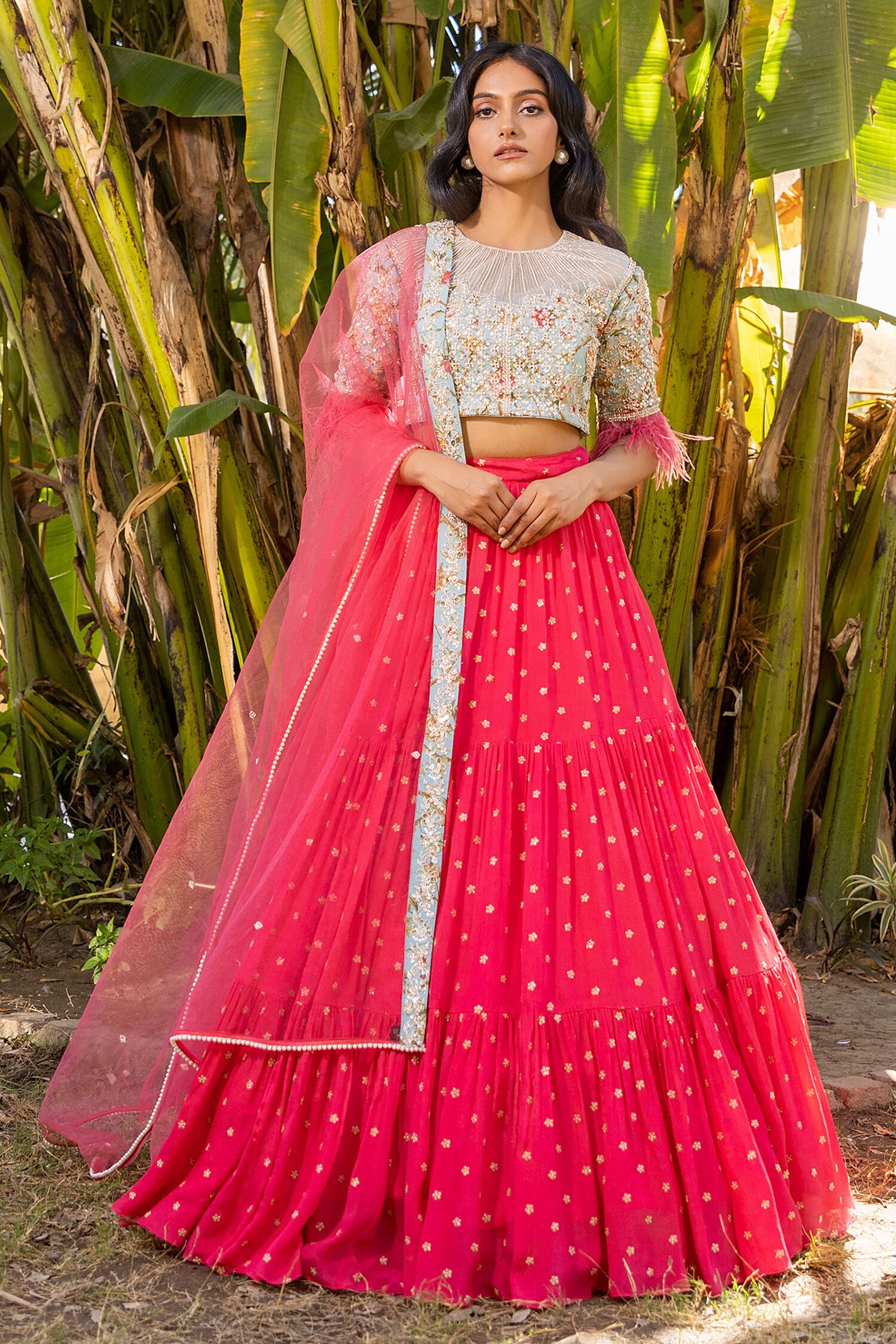 Buy Suruchi Parakh Pink Georgette Flower Butti Pattern Lehenga Set ...