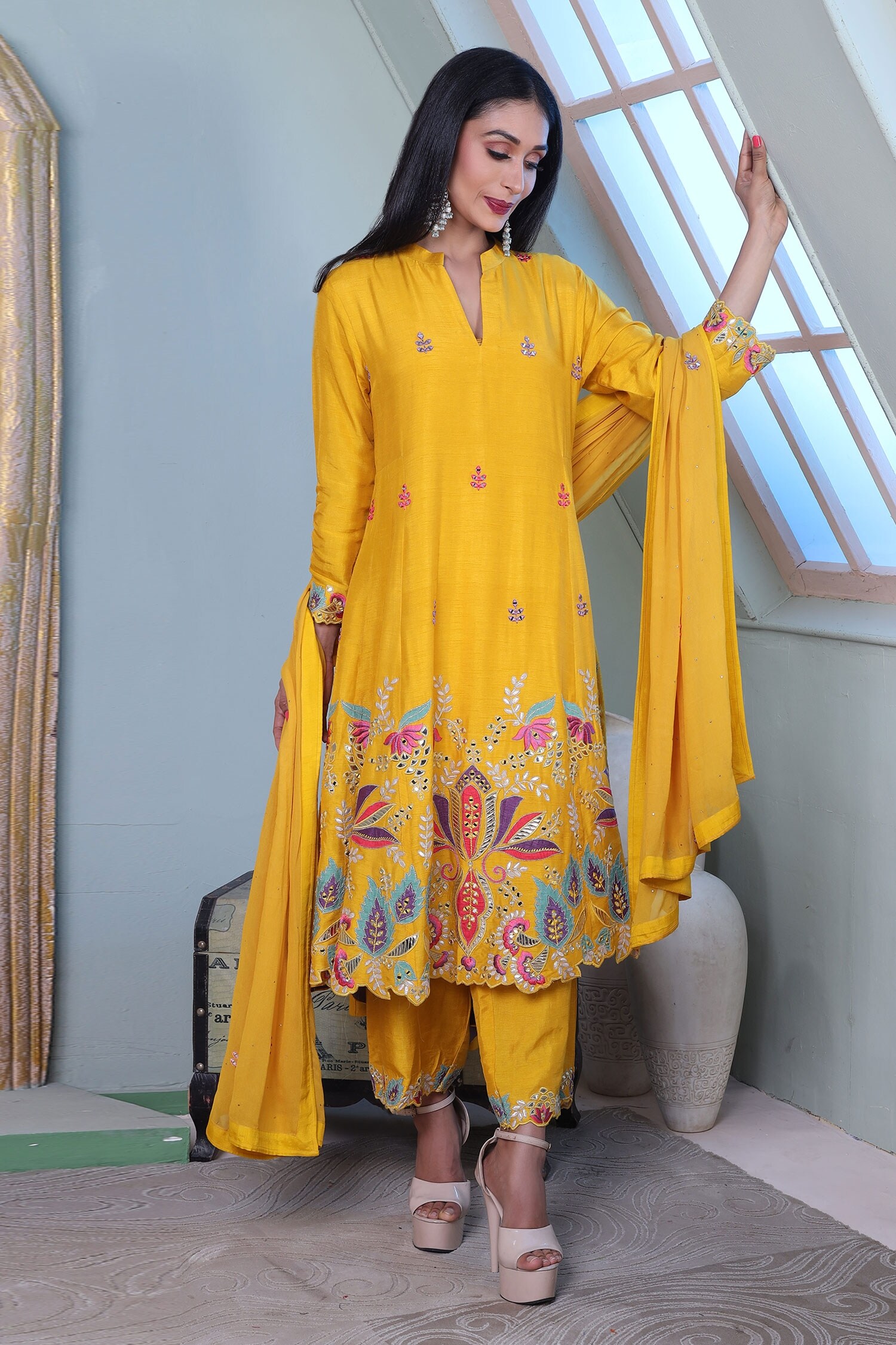 Buy Sunita Nagi Yellow Dupion Floral Applique Embroidered Anarkali ...