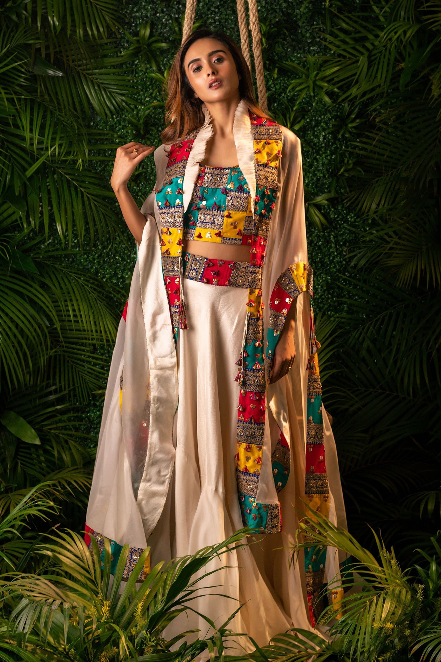 Buy Pallavi Poddar Ivory Chanderi Multi-patchwork Cape And Lehenga Set ...